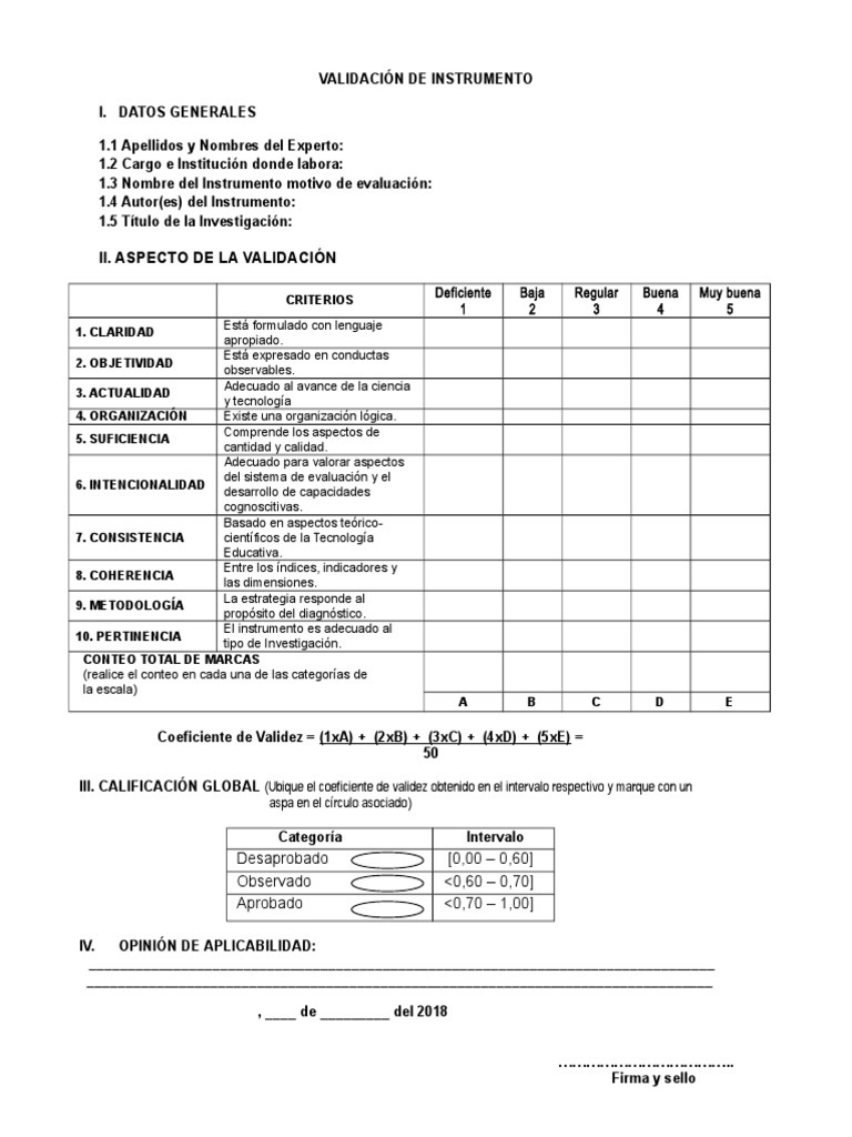 Formato para Validacion de Instrumento | Descargar gratis PDF | Evaluación | Ciencia cognitiva
