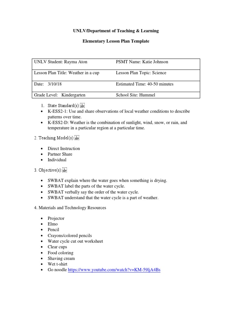 UNLV/Department of Teaching & Learning Elementary Lesson Plan Template ...