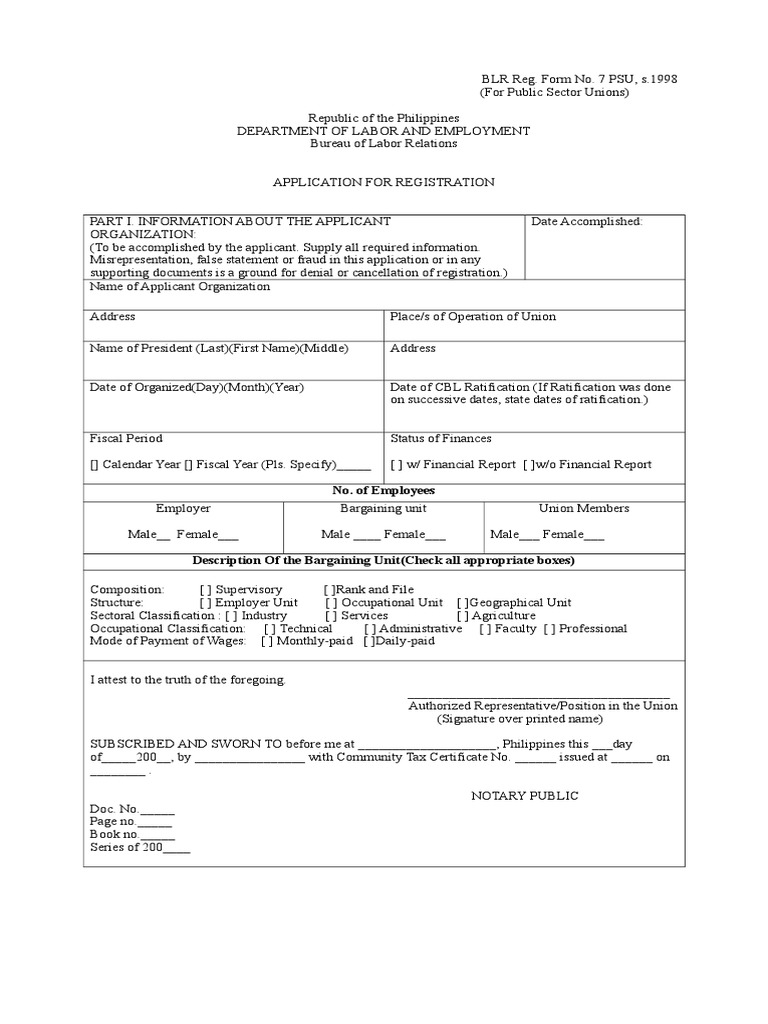 Application for Registration (BLR Reg. Form No. 7-A PSU, s.1998 ...