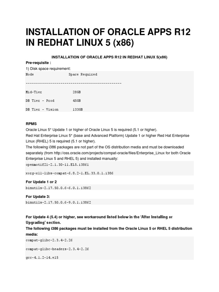 Installation Of Oracle Apps R12 In Redhat Linux 5 Pdf Oracle Database Operating System 