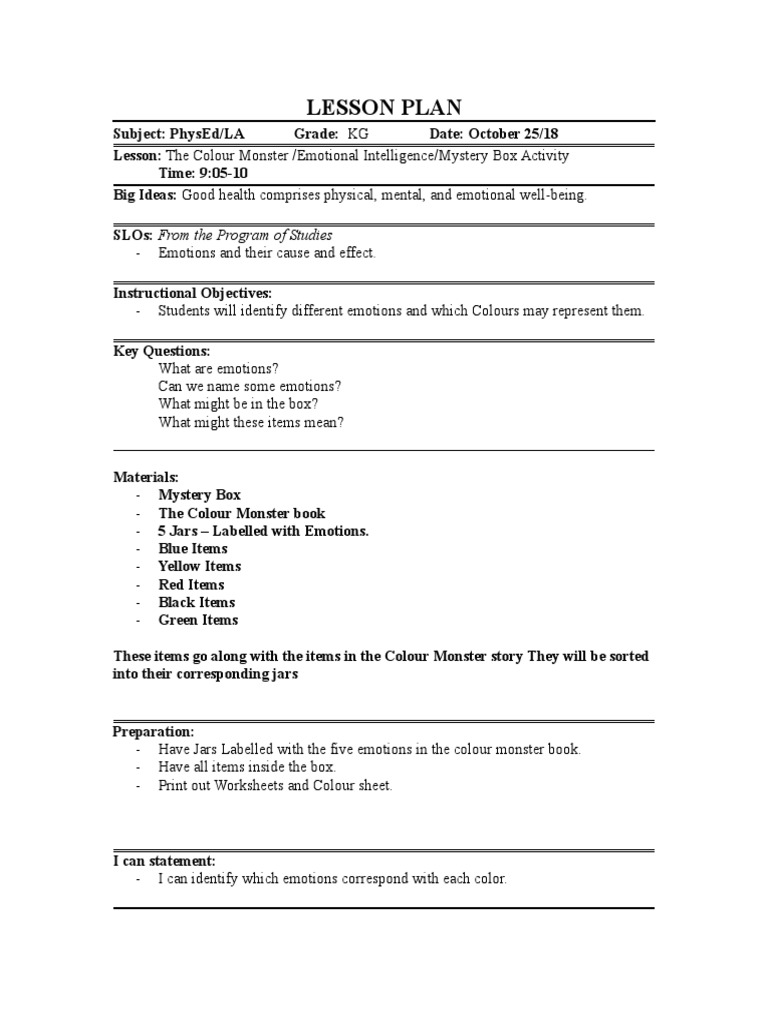 The Colour Monster - Lesson Plan | Download Free PDF | Lesson Plan ...