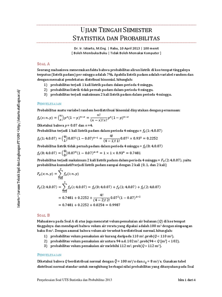 Penyelesaian Soal UTS Statistika Dan Probabilitas 2013 PDF | PDF