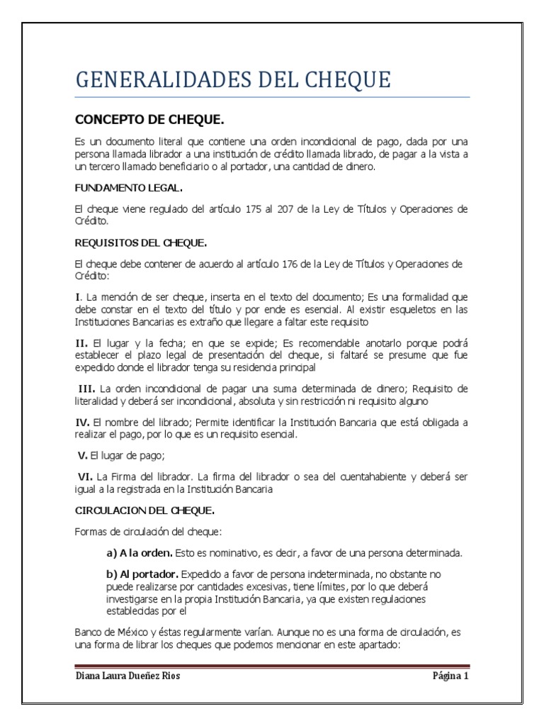 Requisitos y Concepto del Cheque | PDF | Cheque | Bancos