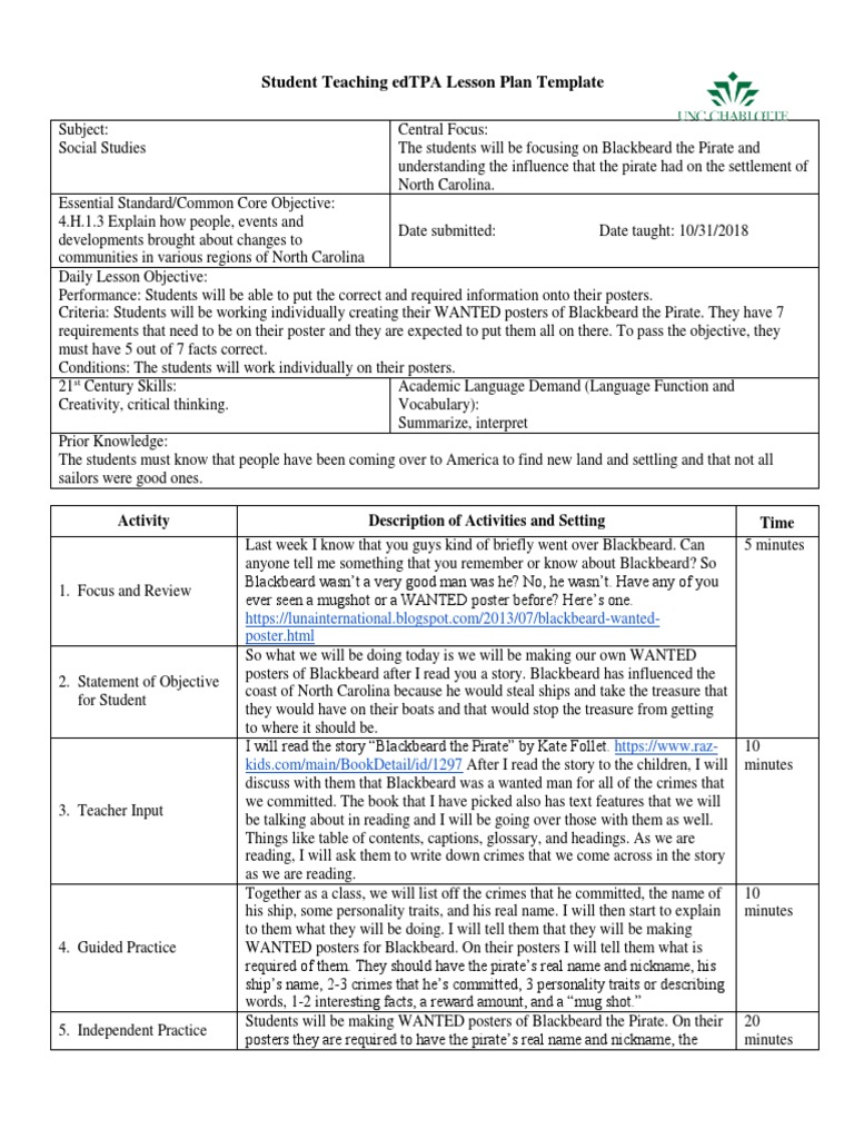 social studies lesson plan | Blackbeard | Knowledge