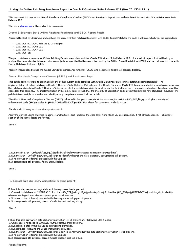 Using The Online Patching Readiness Report In Oracle E Business Suite Release 122 Doc Id 