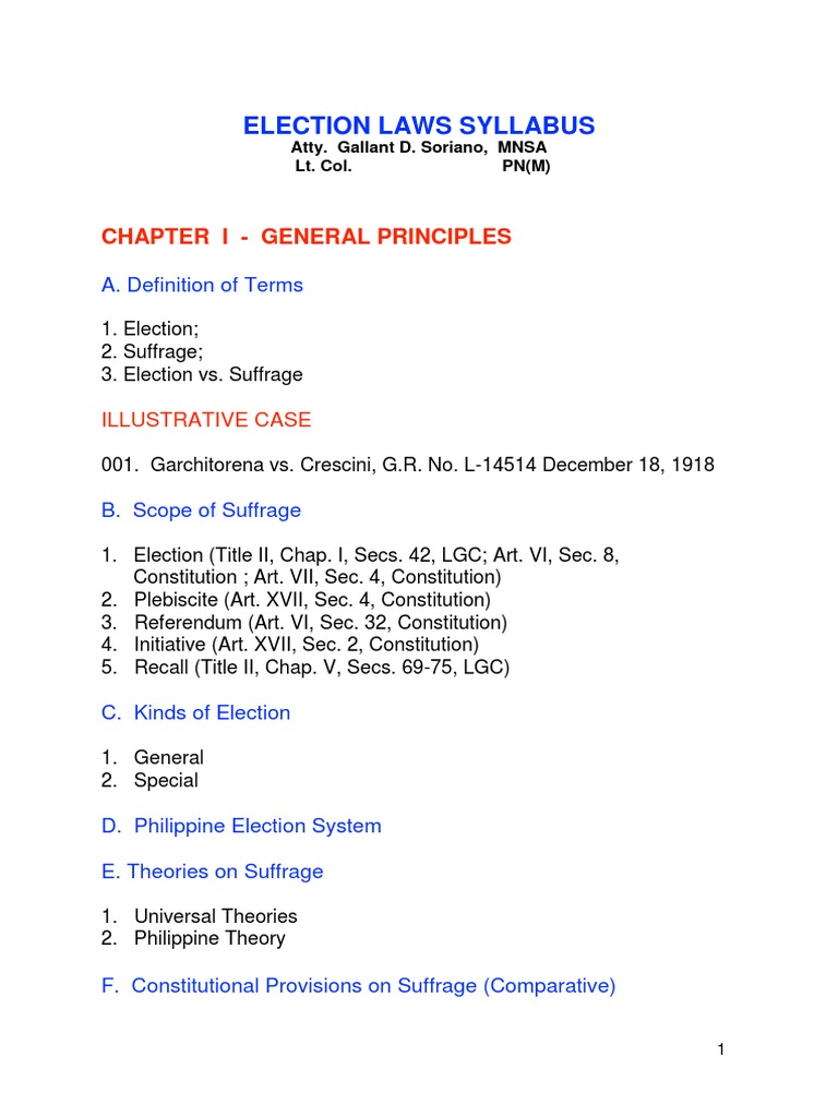 SYLLABUS (Elec Laws) | PDF | Commission On Elections (Philippines ...