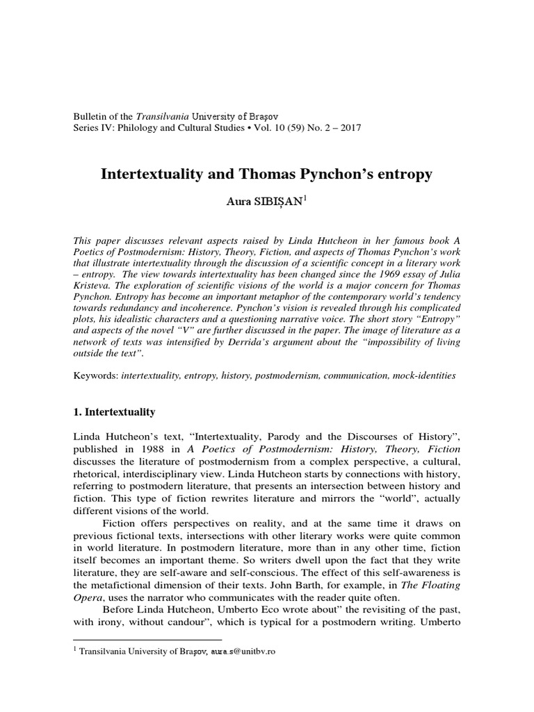 Intertextuality and Thomas Pynchon's Entropy | PDF | Entropy ...