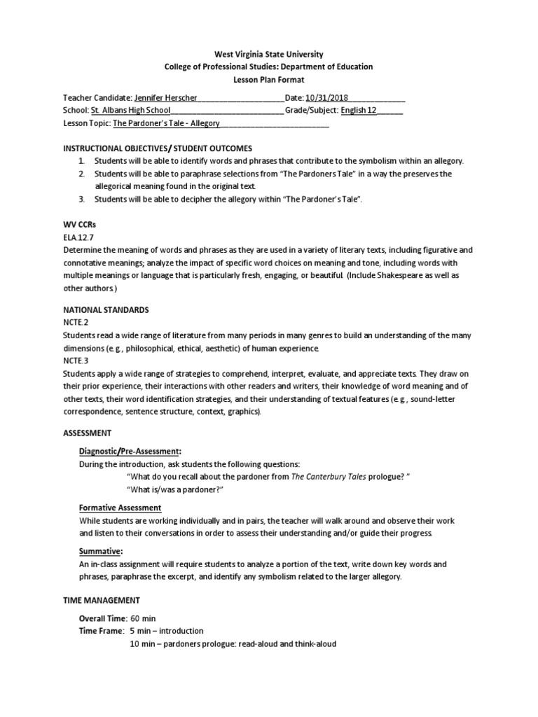 The Pardoners Tale Allegory Lesson | PDF | Differentiated Instruction ...