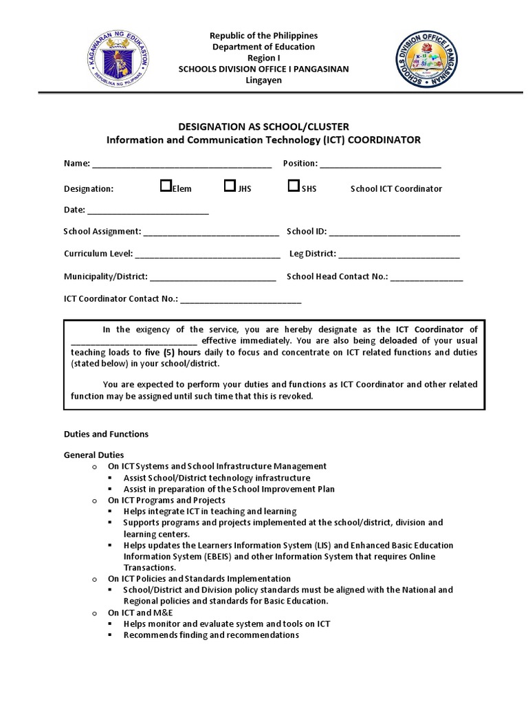 Designation of The School Information Communication Technology (Ict ...