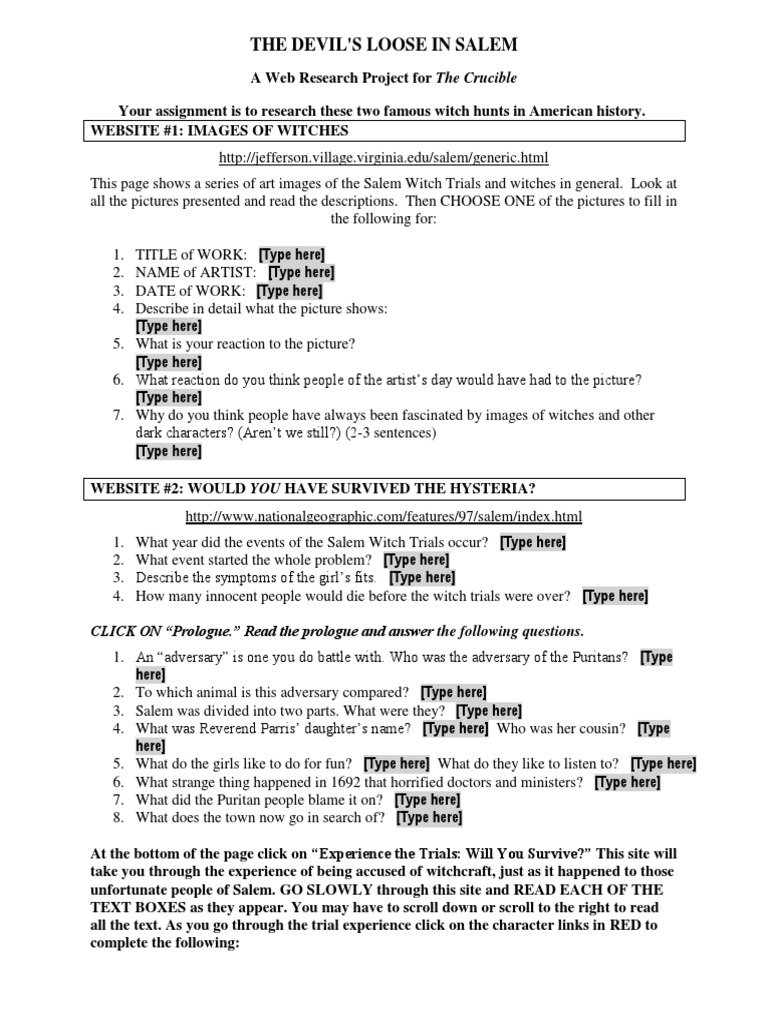 Eng 11 Salem Witch Prelearning Activity Webquest 1 | PDF | Witch Trials ...