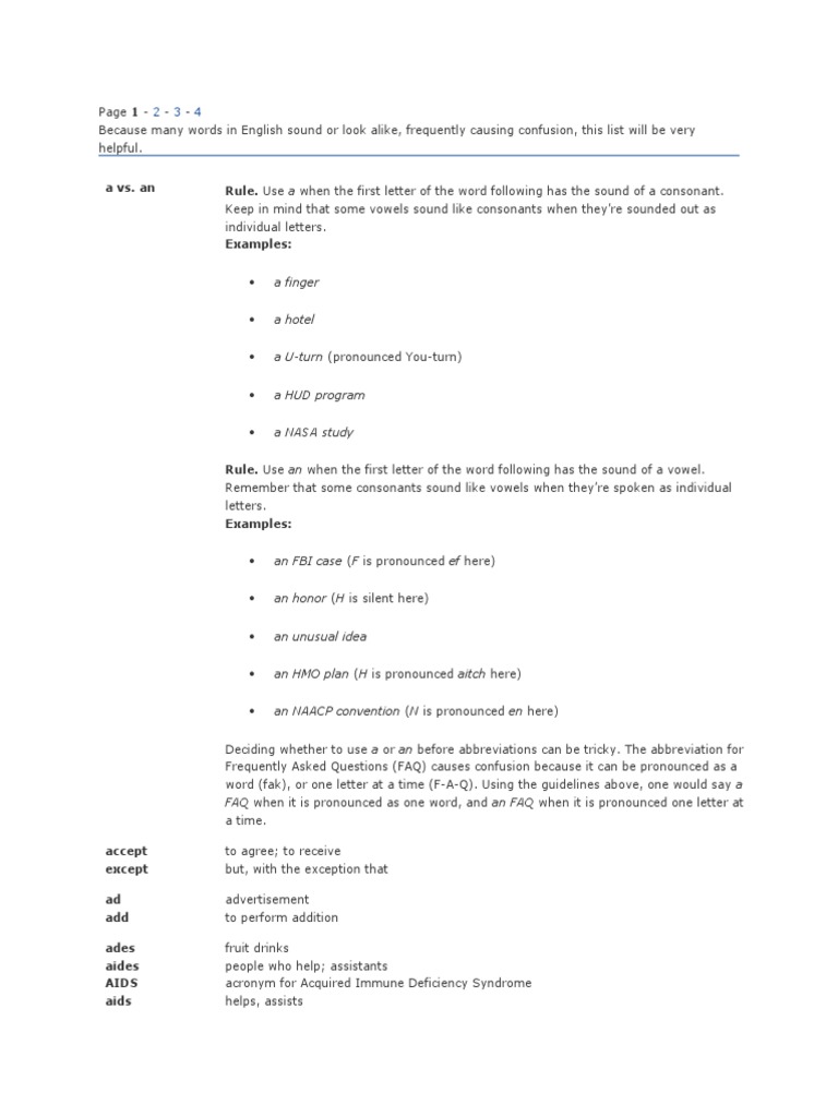 A vs. An Rule. Use A When The First Letter of The Word Following Has ...