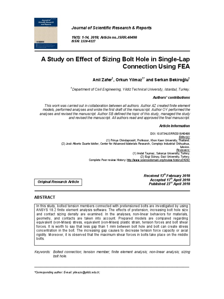 A Study On Effect of Sizing Bolt Hole in Single-Lap Connection Using ...