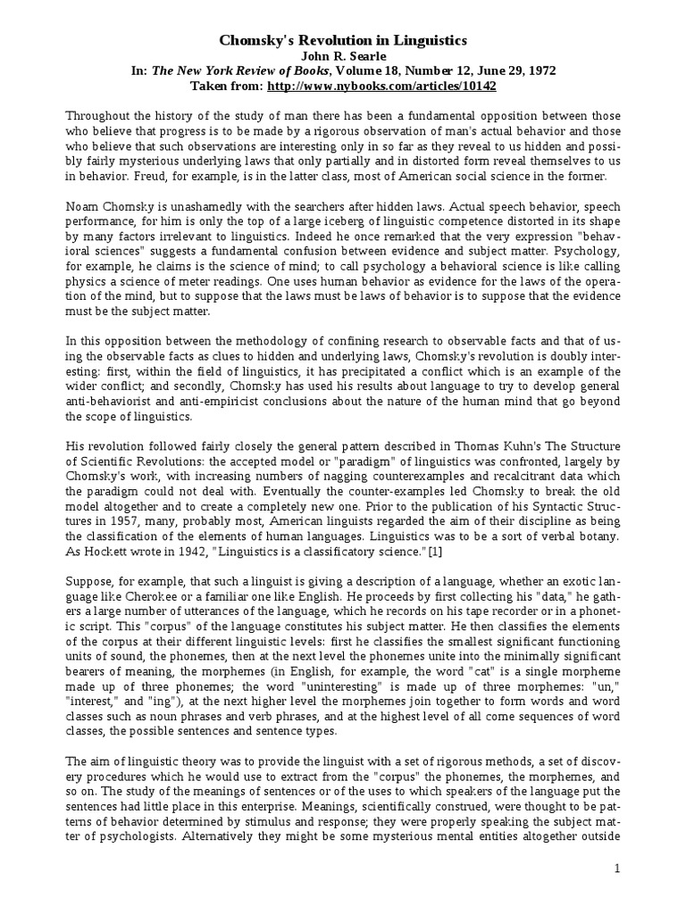 Searle 1972 - Chomsky S Revolution in Linguistics PDF | PDF | Syntax | Phrase