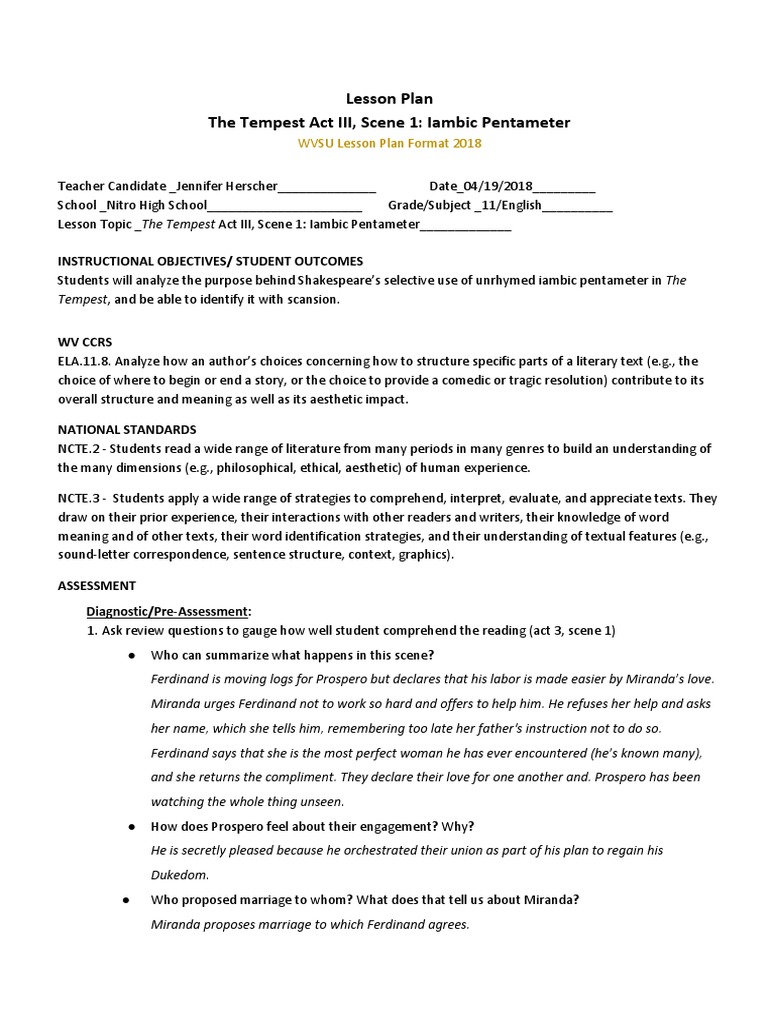 Lesson Plan The Tempest Act III, Scene 1: Iambic Pentameter ...