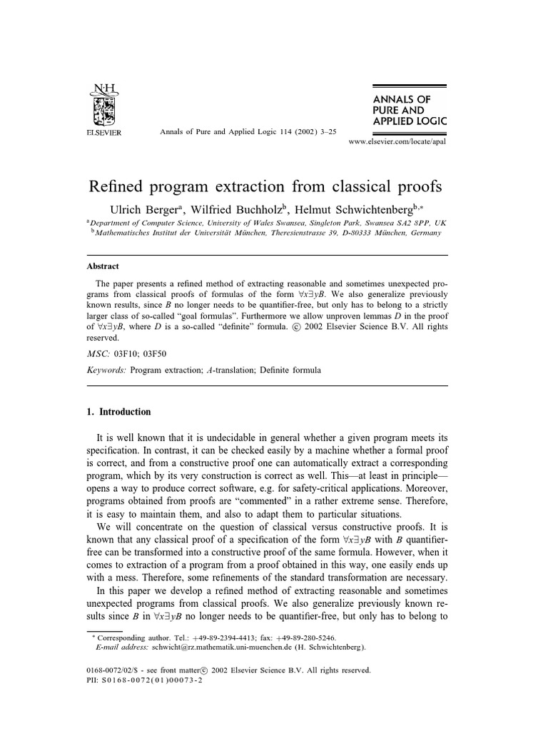 Ulrich Berger A, Wilfried Buchholz, Helmut Schwichtenberg: Refined Program Extraction From ...