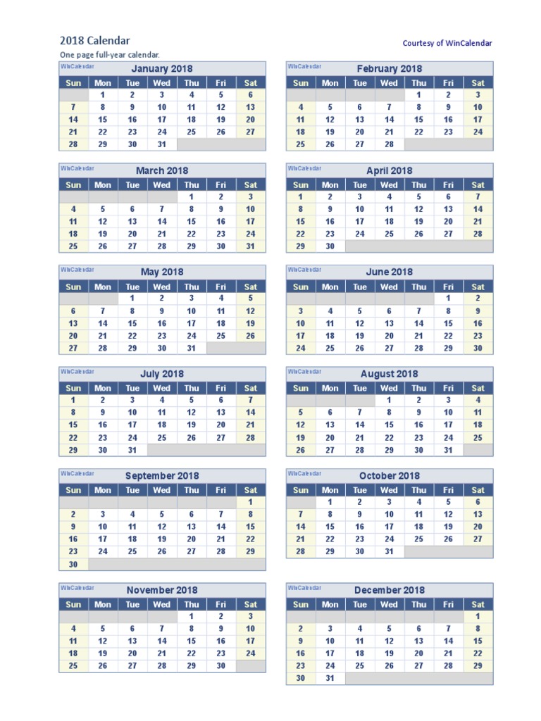 2018 Full-Year Calendar Template | PDF