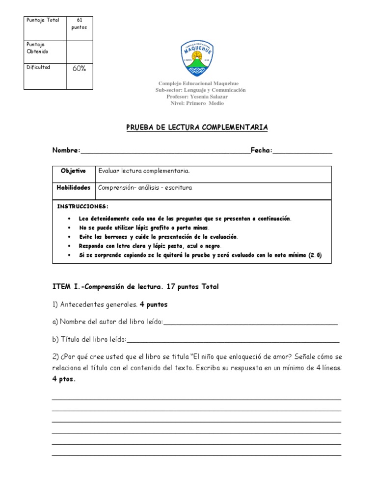 Prueba de Lectura. El Niño Que Enloqueció de Amor | PDF | Lectura (proceso)