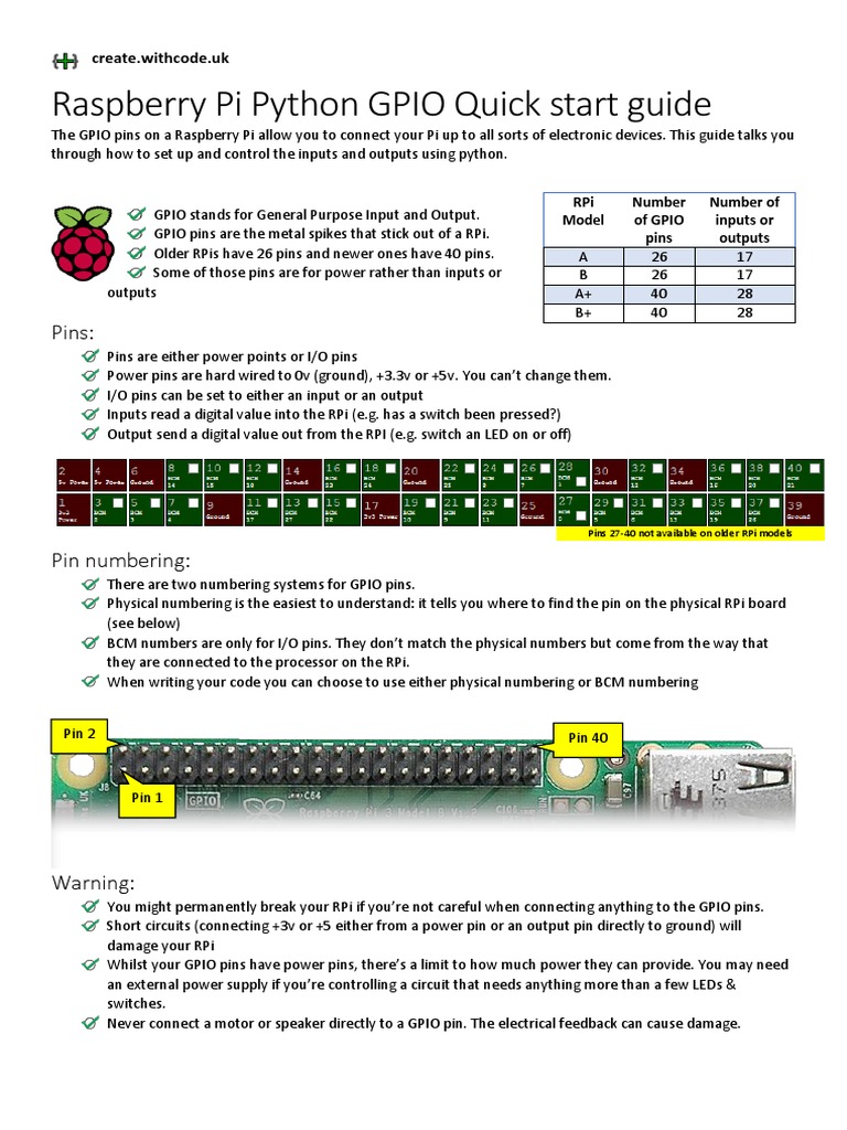 RPi GPIO Python Quickstart Guideaa | PDF | Raspberry Pi | Input/Output