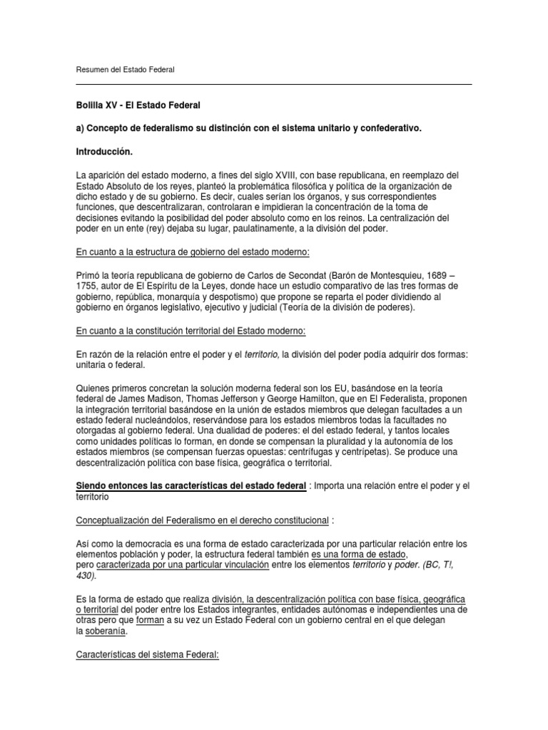 Resumen Del Estado Federal | PDF | Federación | Confederación