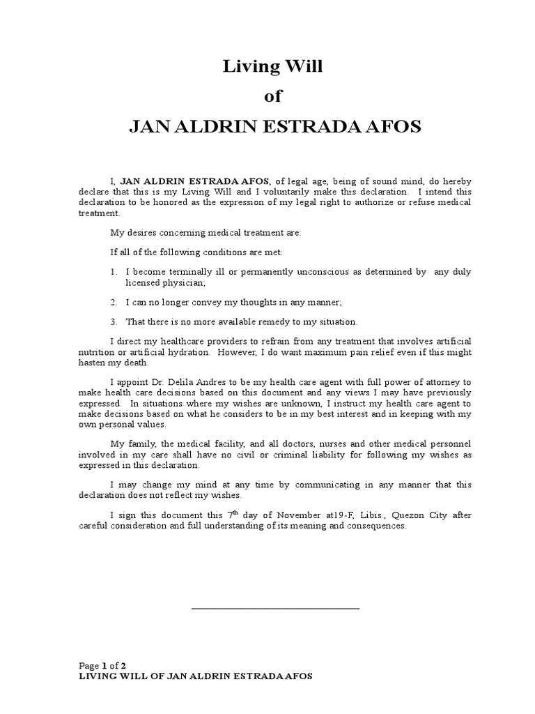 Jan Aldrin Afos Living Will | PDF | Medicine | Health Economics