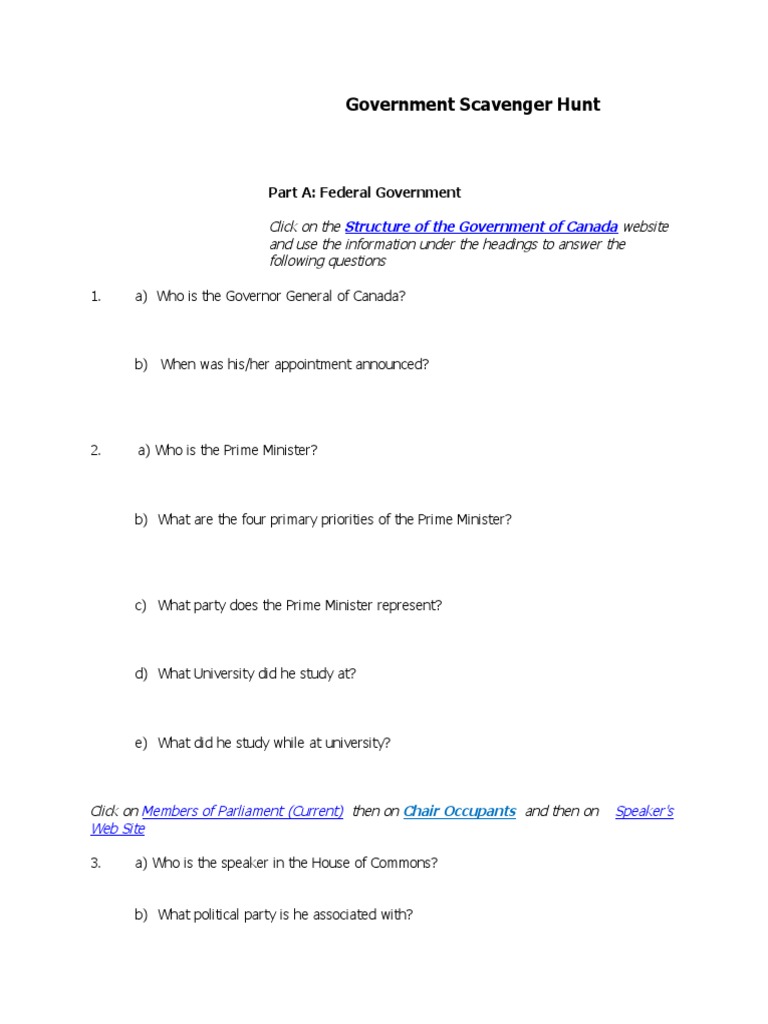 Government Scavenger Hunt | PDF | Speaker (Politics) | Government Of Canada