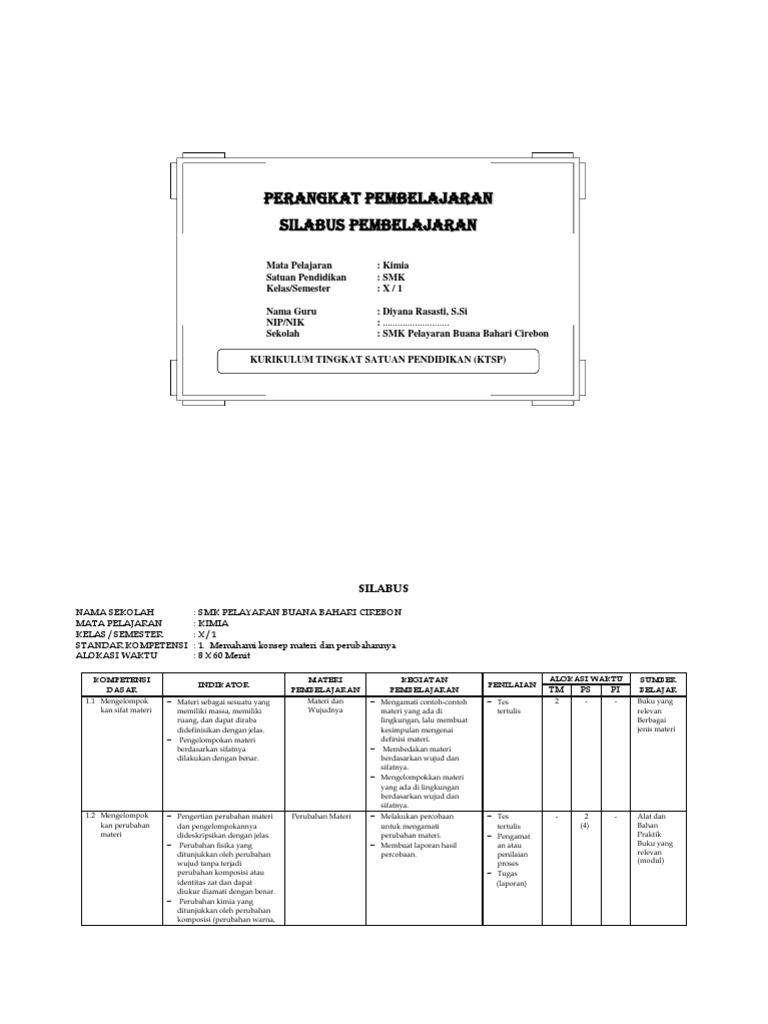 Silabus Kimia Kelas X (KTSP) | PDF