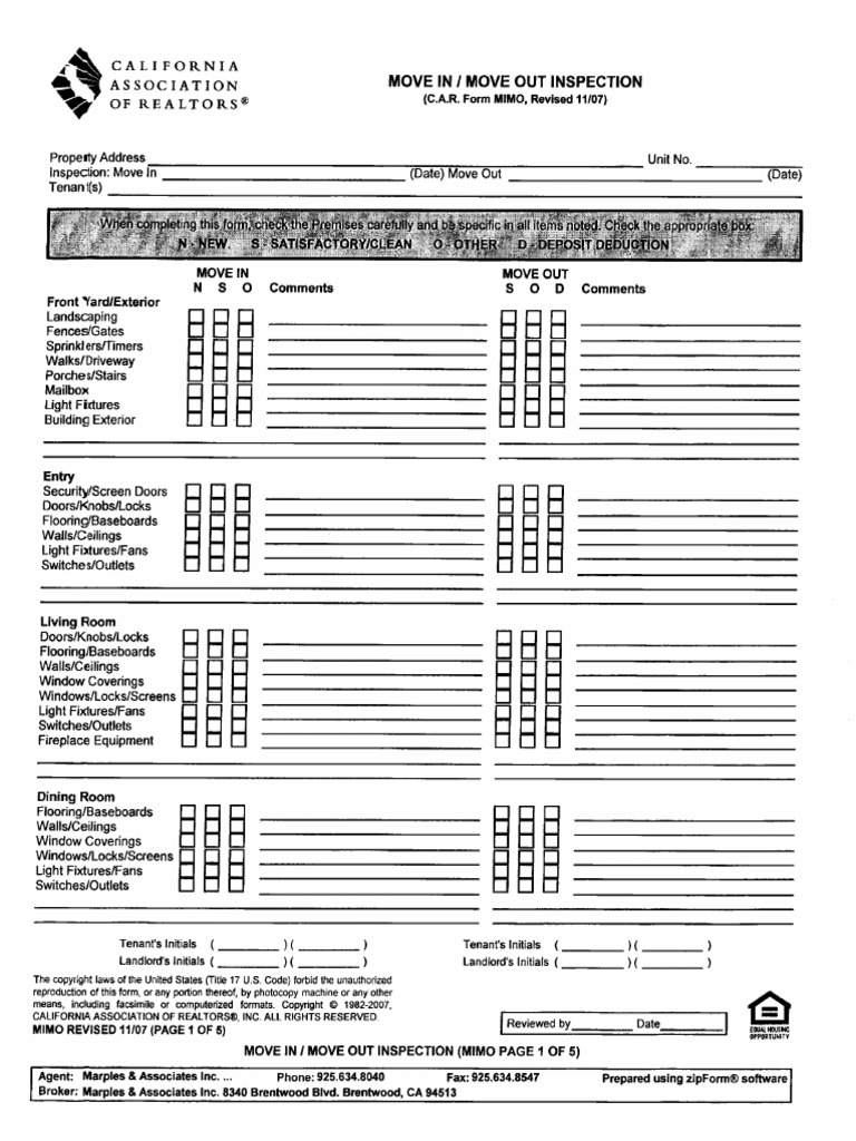 Rental Lease Move in Move Out Inspection BLANK FORM | PDF | Contract ...