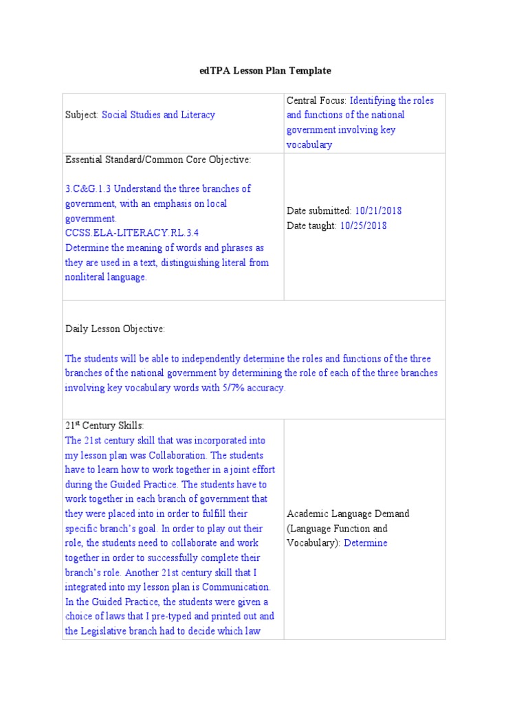 Subject: Central Focus:: Edtpa Lesson Plan Template | PDF | Separation ...