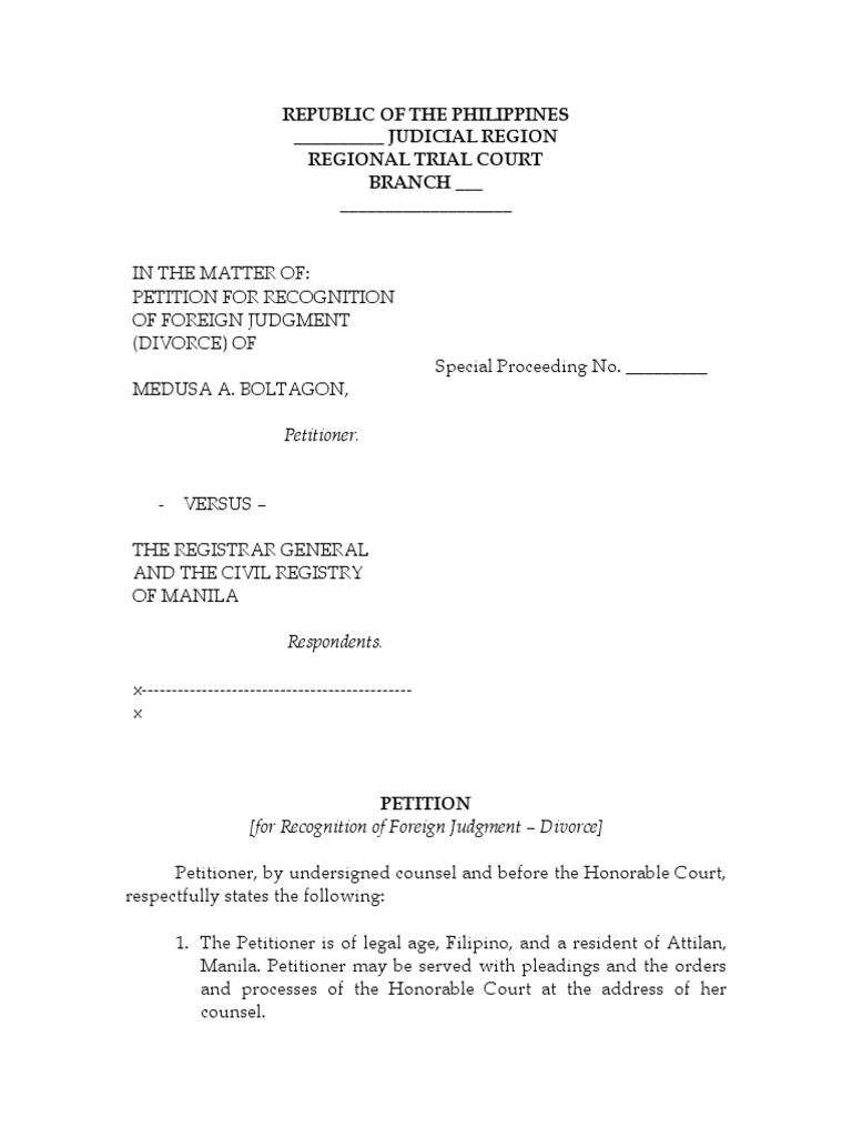 Petition for Recognition of Foreign Judgment Sample | Divorce | Marriage