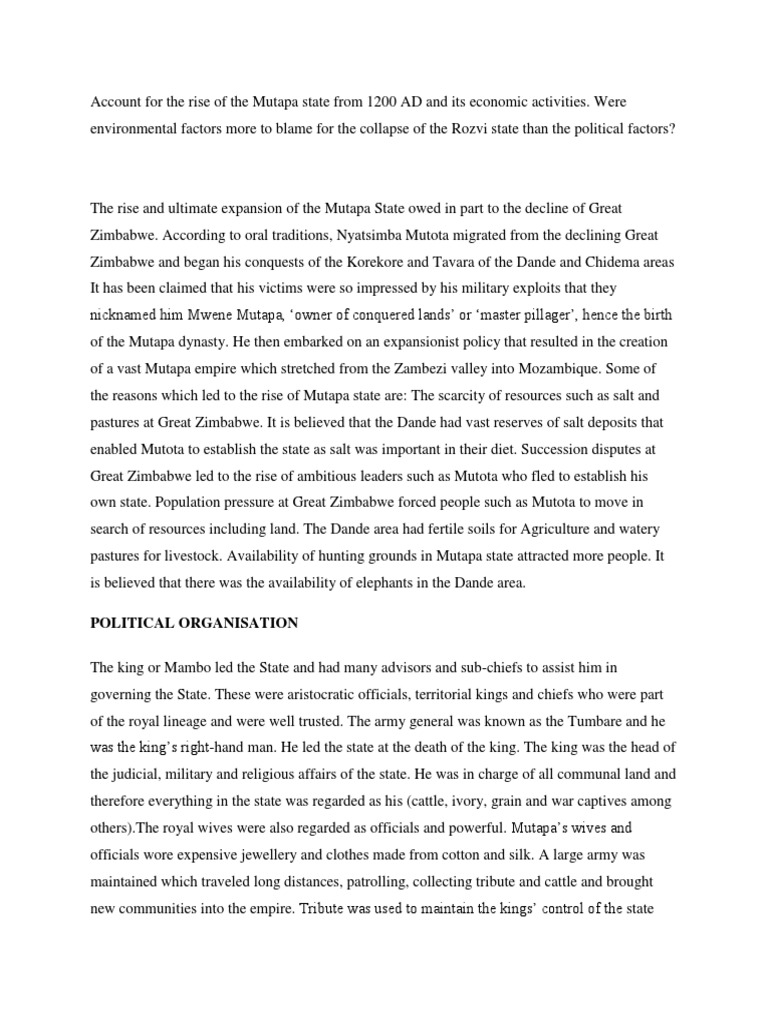 Account for the Rise of the Mutapa State From 1200 AD and Its Economic ...
