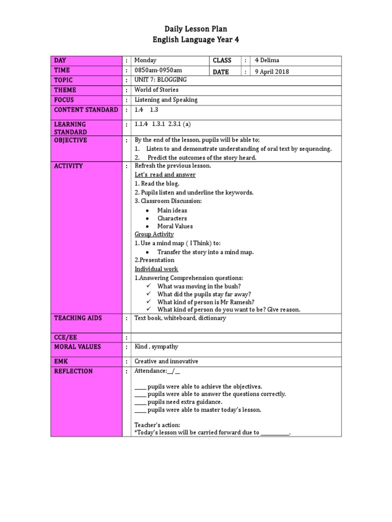 Daily Lesson Plan English Language Year 4 | PDF | Lesson Plan ...