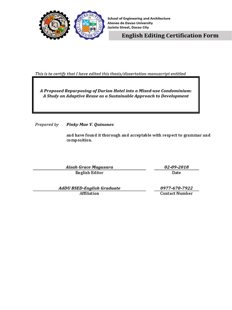 English Editing Certification Form: This Is To Certify That I Have Edited This Thesis ...