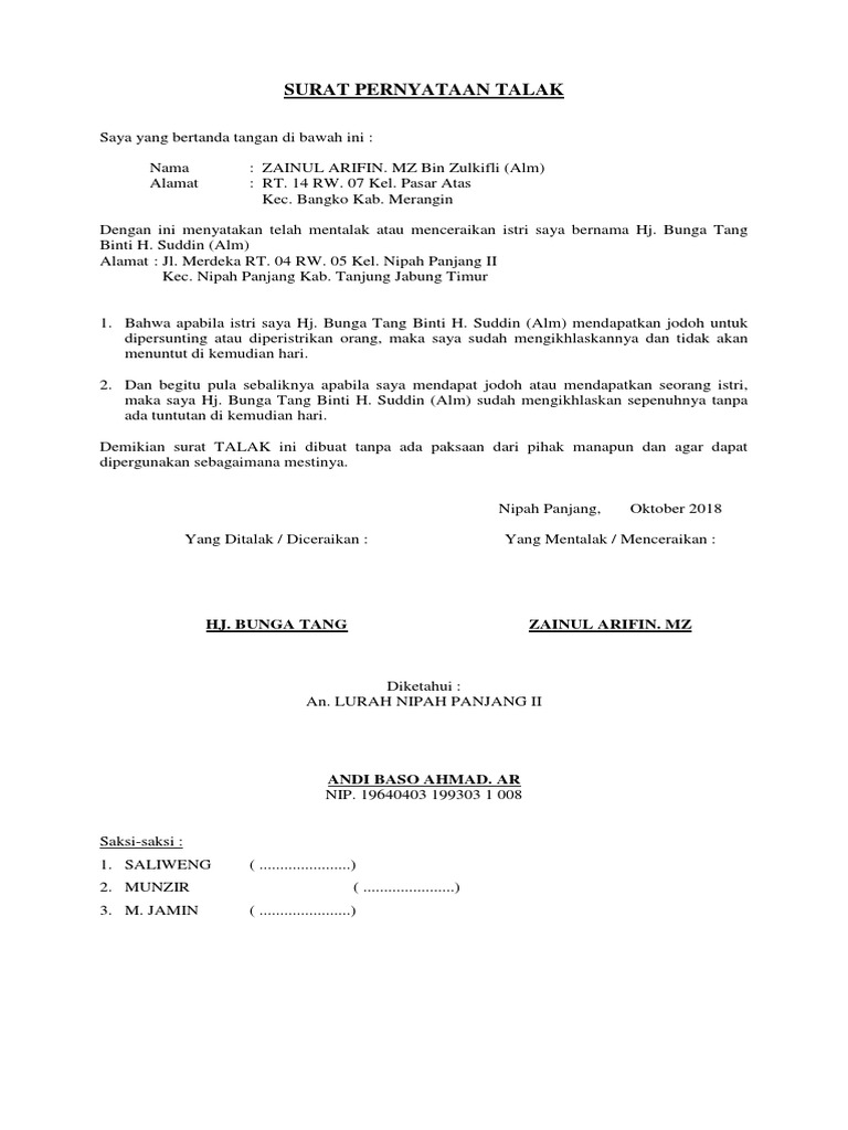 Surat Pernyataan Talak | PDF