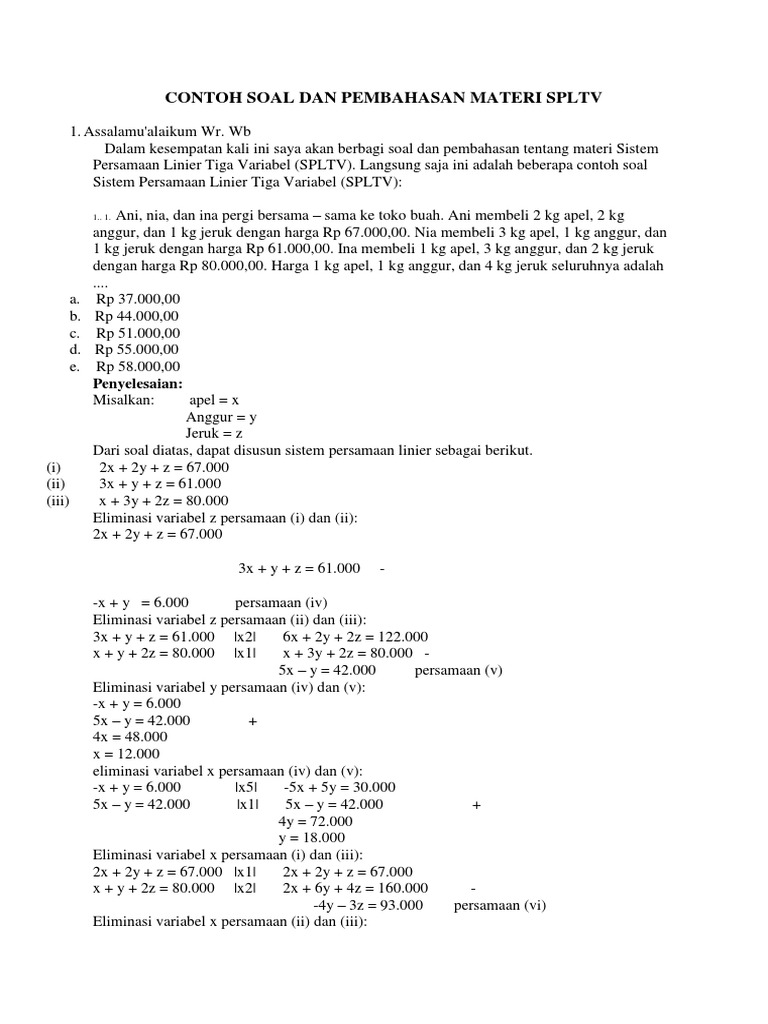 Contoh Soal Dan Pembahasan Materi SPLTV | PDF