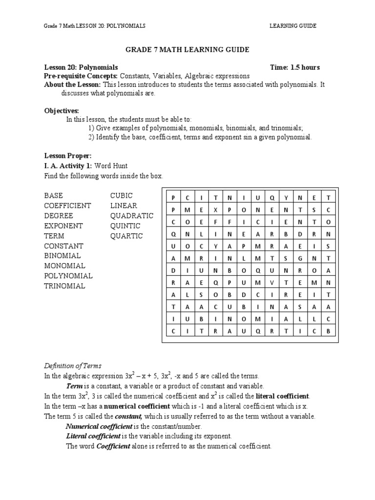 Grade 7 Math: Understanding Polynomials | PDF | Polynomial ...