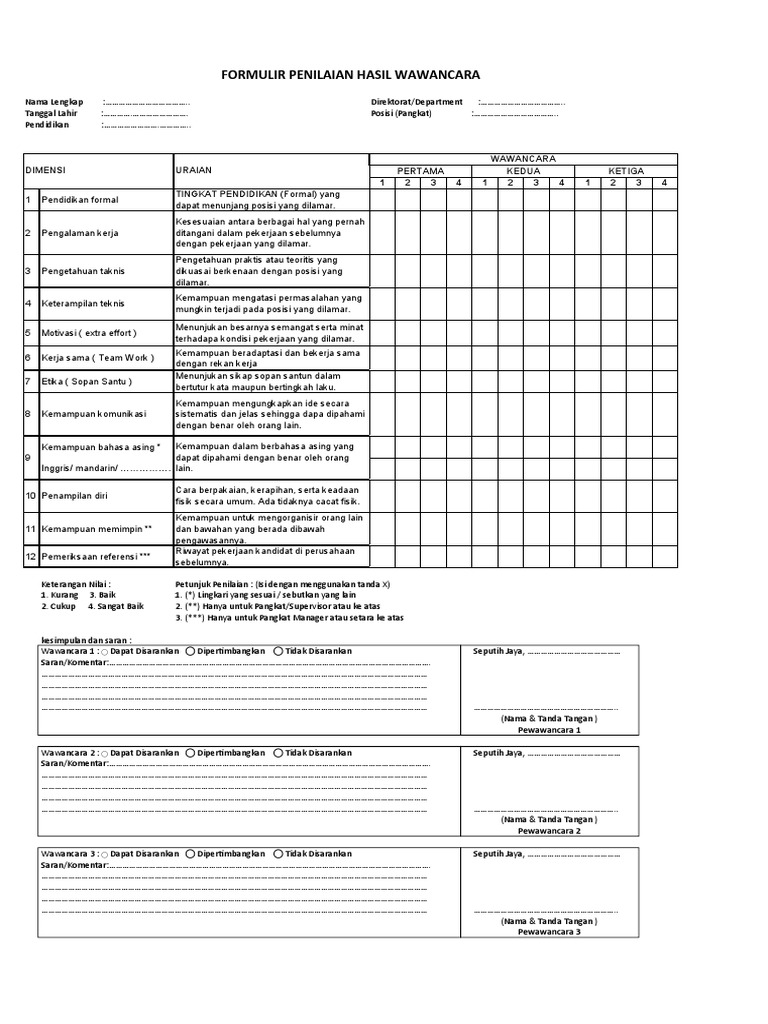 Formulir Penilaian Hasil Wawancara PDF | PDF
