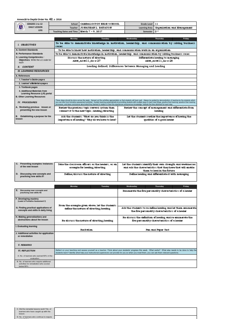 DLL Organization and Management | PDF | Teachers | Learning