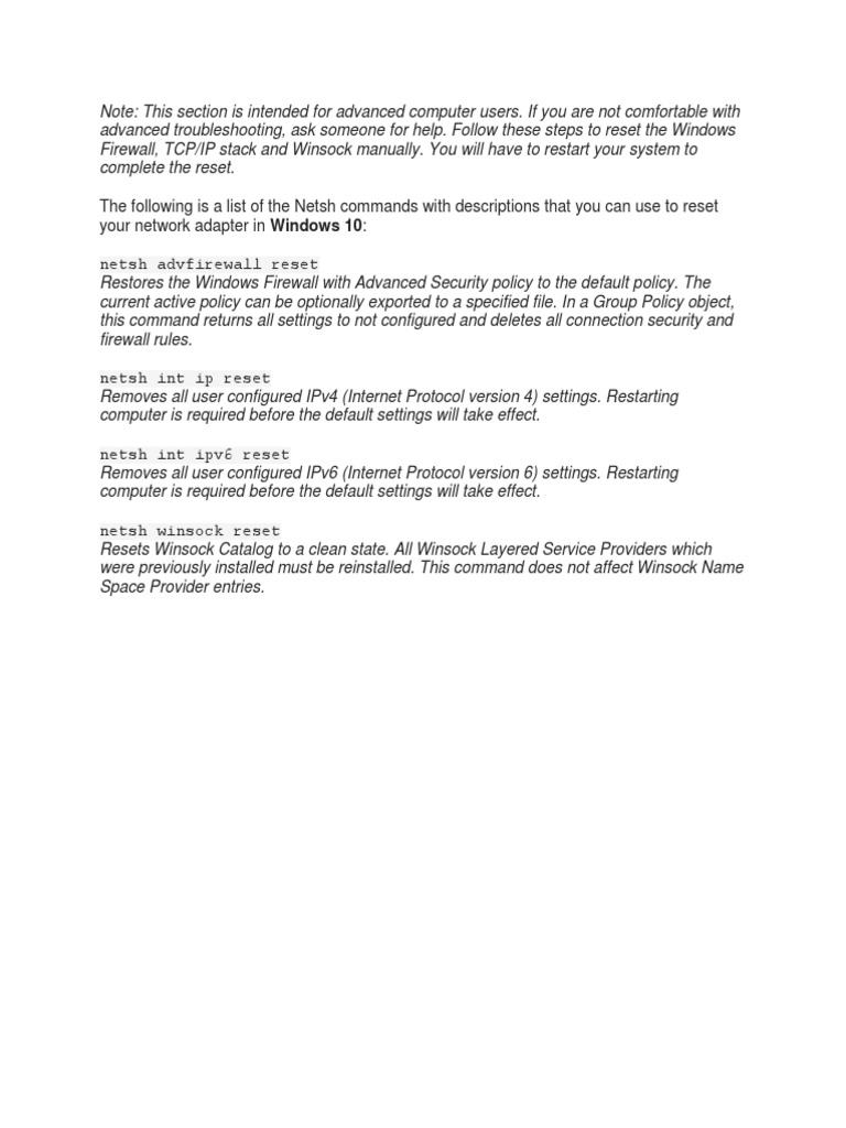 The Following Is A List of The Netsh Commands With Descriptions That ...