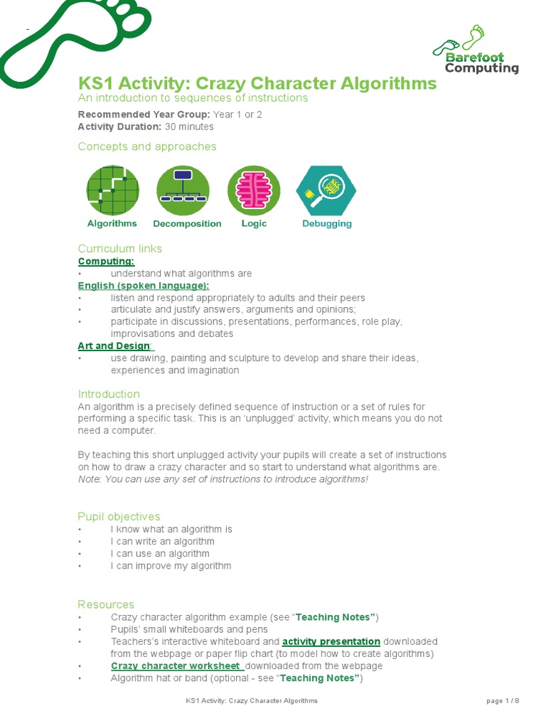 KS1 Crazy Character Algorithms Activity PDF Barefoot Computing2 | PDF ...