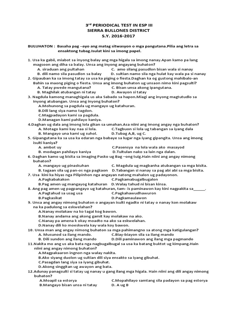 3rd Periodical Test in Esp III