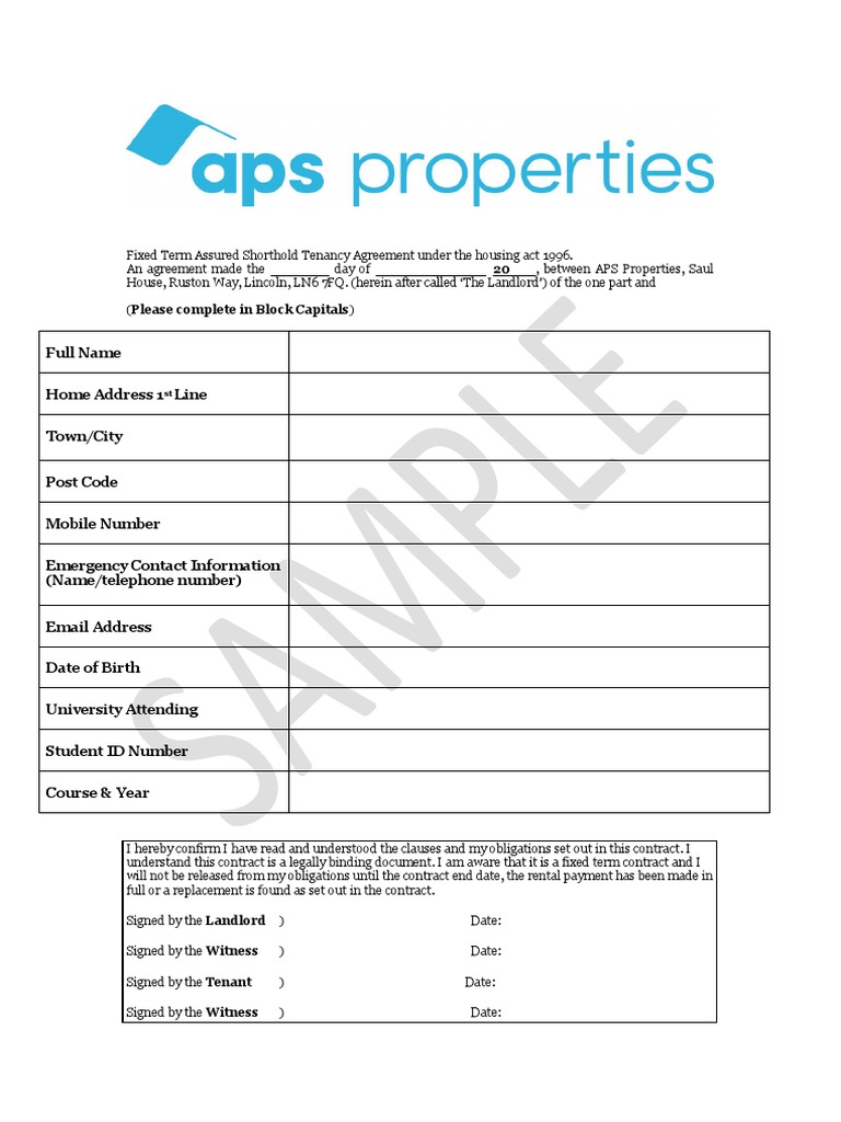 APS House Sample Contract | PDF | Leasehold Estate | Landlord