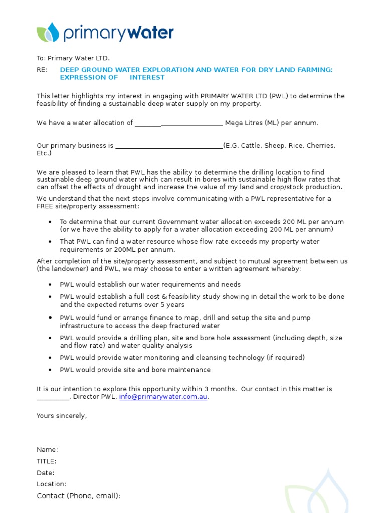 PW Letter of Intent | PDF | Interest | Water
