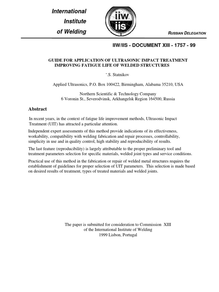 International Institute of Welding: Iiw/Iis - Document Xiii - 1757 - 99 ...