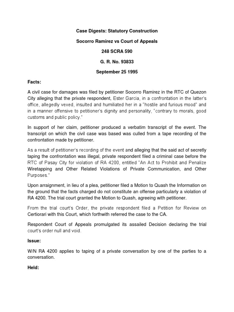 Ramirez Vs CA Digests | PDF | Telephone Tapping | Lawsuit