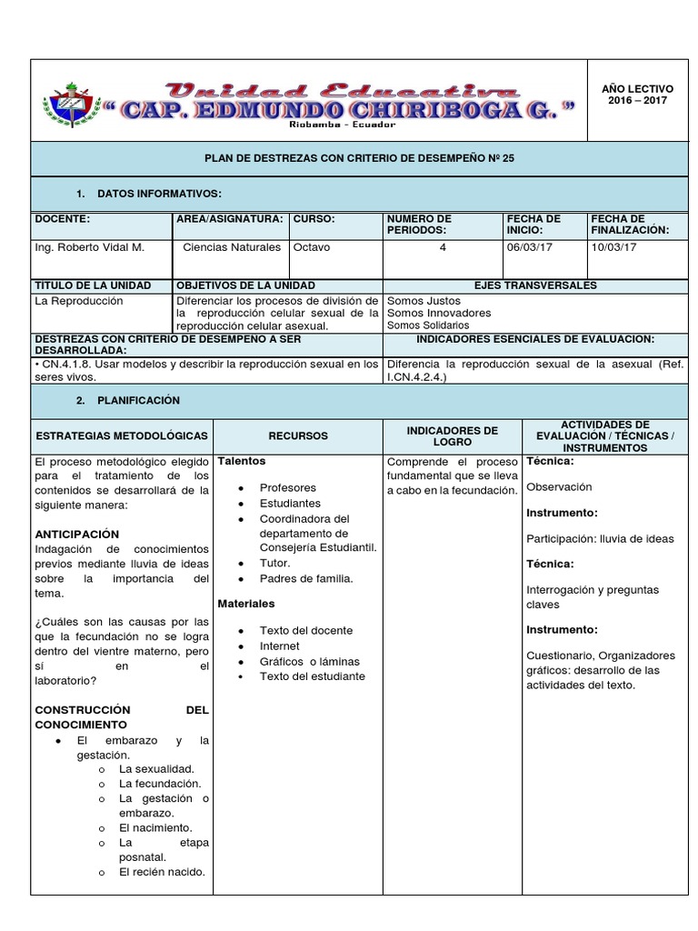 Plan de Destrezas CCNN - 8vo EGB - 25 | PDF | Reproducción | Maestros