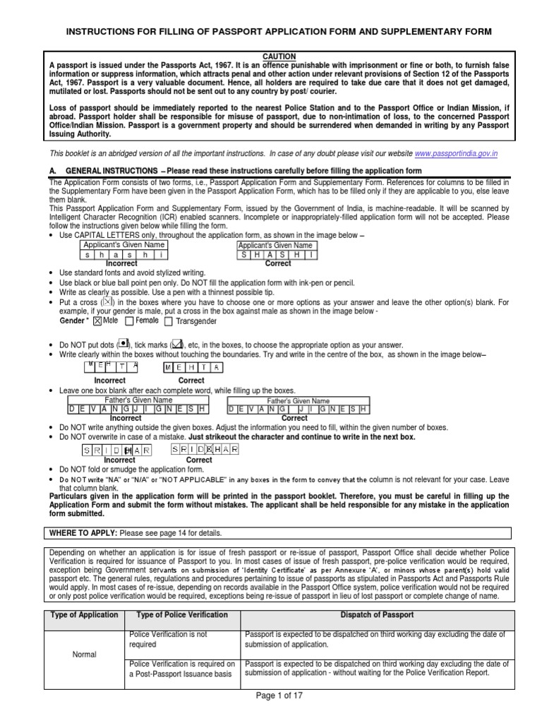 Instructions For Filling of Passport Application Form and Supplementary ...