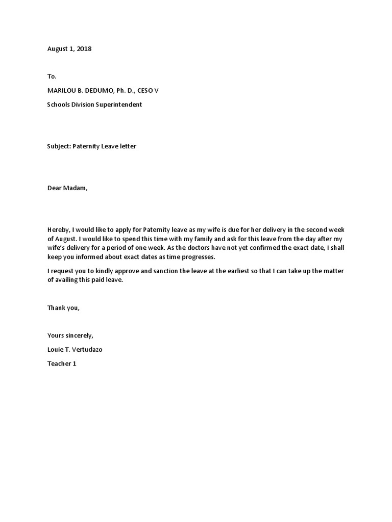 Sample Paternity Leave Letter | PDF