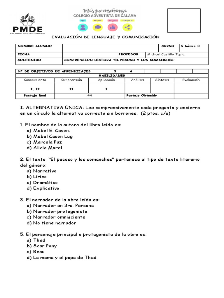 Evaluacion 5 Año El Pecoso y Los Comanches | PDF | Narración | Ocio