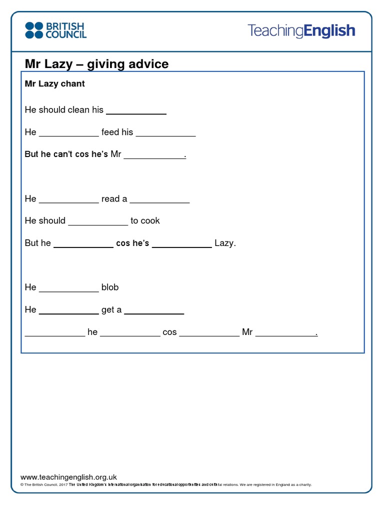 Teaching Kids MR Lazy Giving Advice Worksheet | PDF