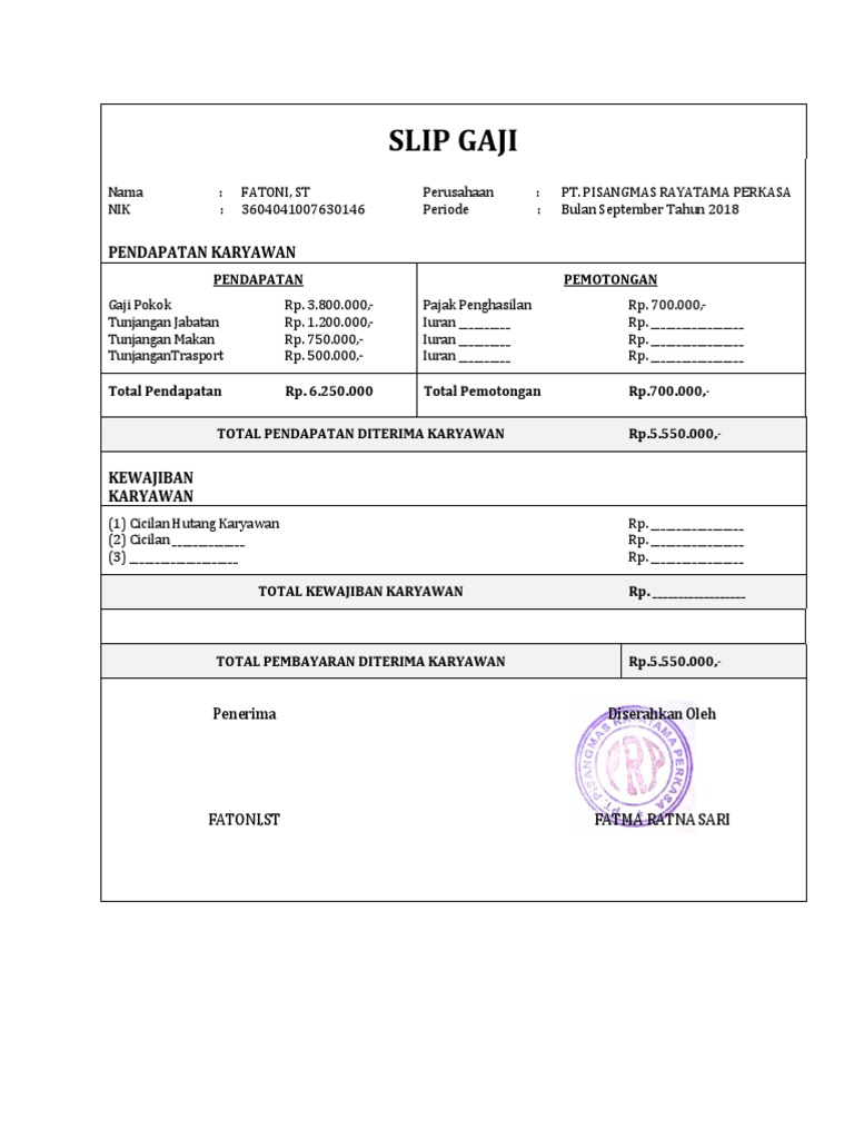 Draf Tanda Terima Gaji Karyawan (Slip Gaji) | PDF